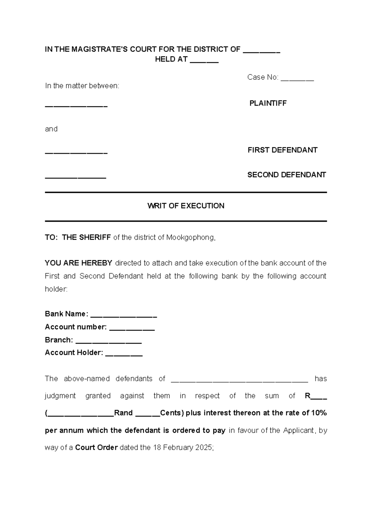 Writ of Execution Template - Court Case No: [Insert Case Number] - Studocu