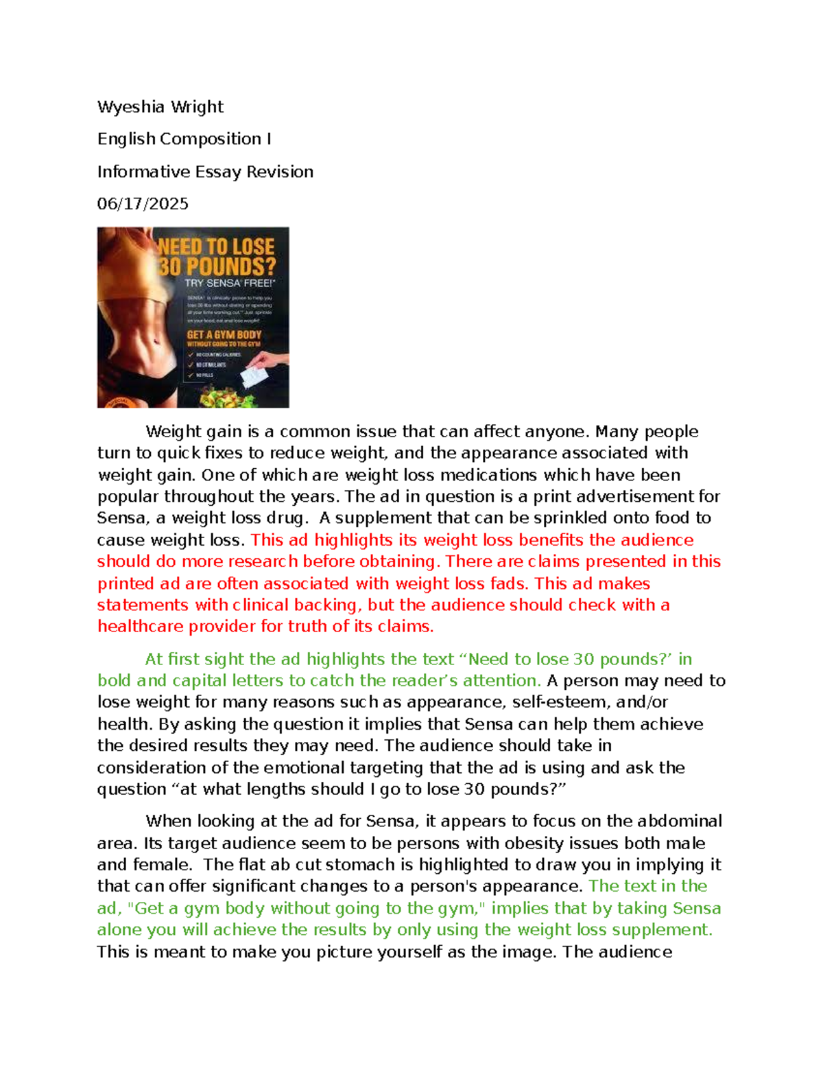 ENG 101 Informative Essay Revision: Analyzing the Sensa Ad - Studocu