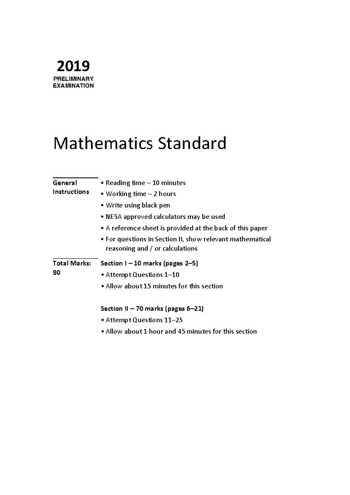 Year 11 Math Standard 2019 Preliminary Exam Paper Analysis - Studocu
