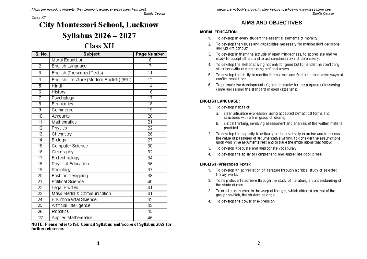 Syllabus Overview for Class XII (2026-27) - City Montessori School ...