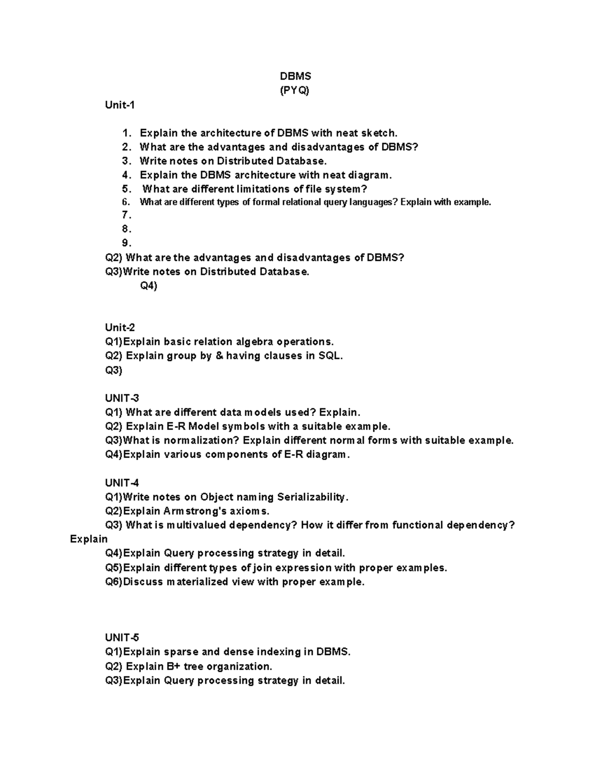 DBMS - DBMS (PYQ) Unit- 1. Explain the architecture of DBMS with neat ...