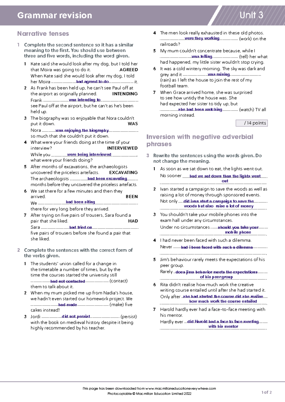 Narrative Tenses Practice - Grammar Revision for Exam - Studocu