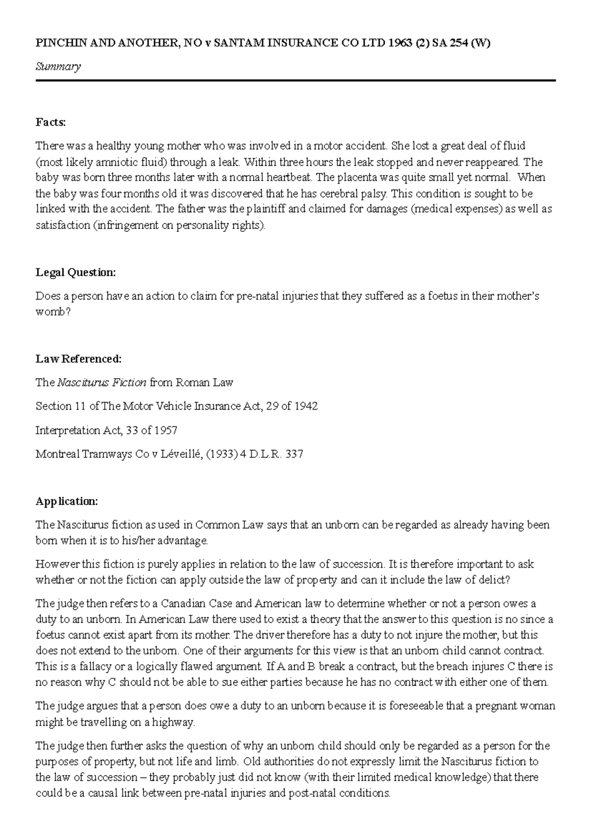 Summary of Pinchin v Santam Insurance Co Ltd - Legal Analysis and ...