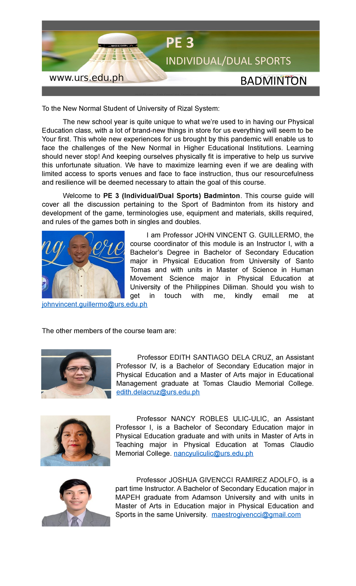 PE3 - Final Exam Guide: Badminton Individual/Dual Sports Module - Studocu