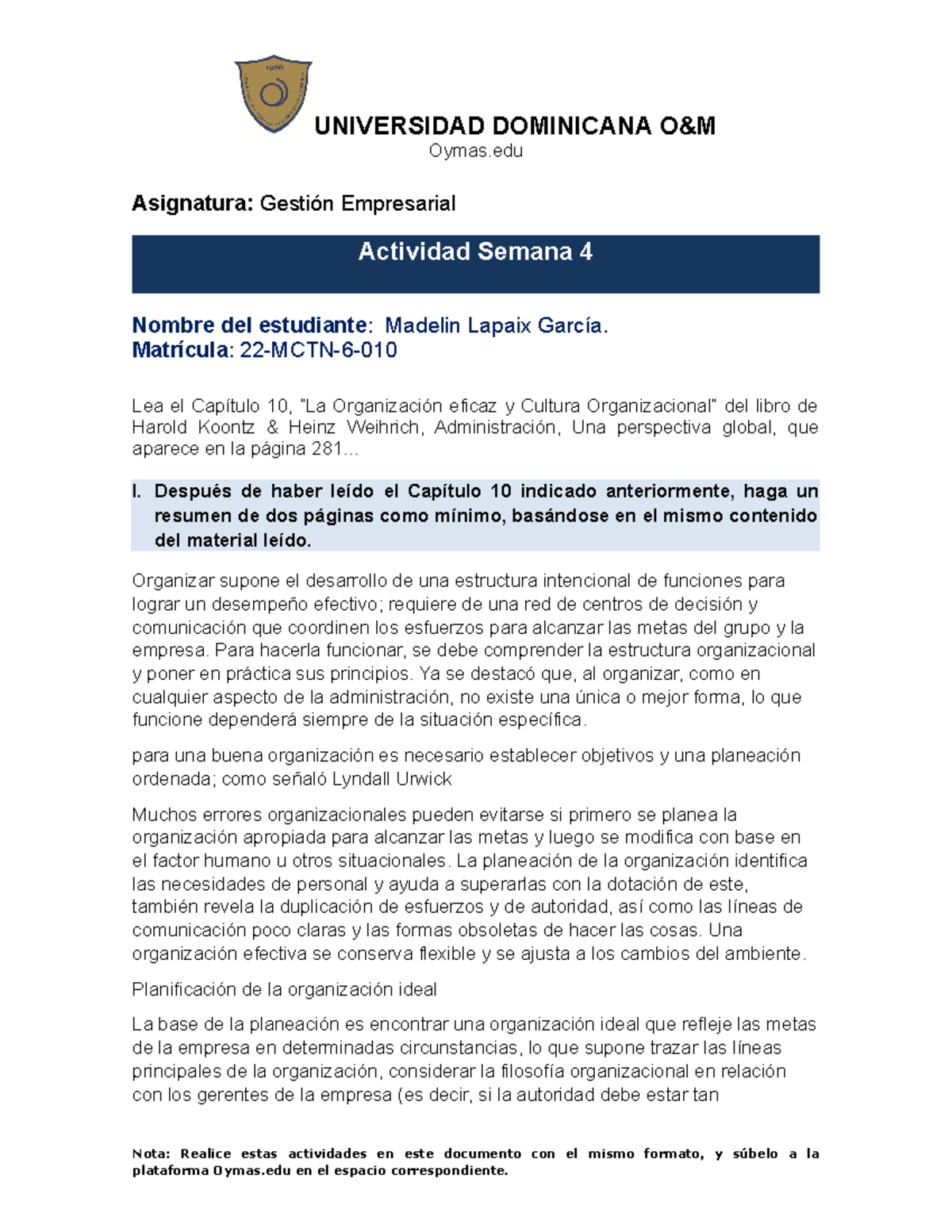 Actividad Semana 4 Gestión Empresarial - Oymas Asignatura: Gestión ...