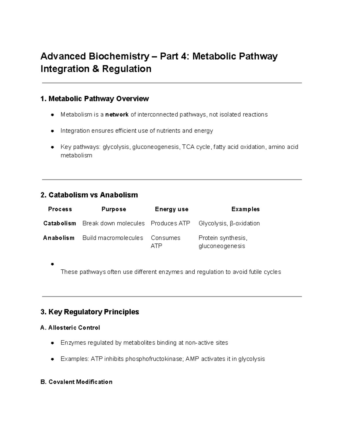 Advanced Biochemistry (BIOC 401) - Part 4: Metabolic Pathway Integration & - Studocu