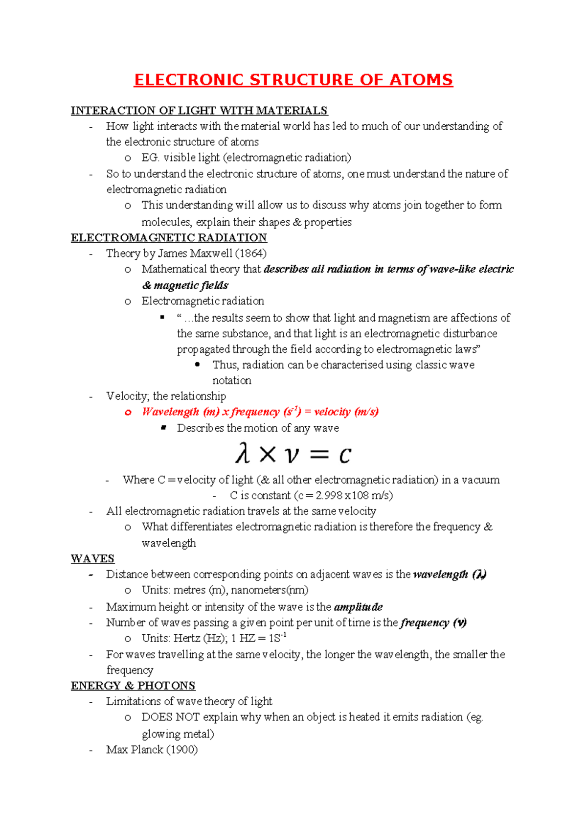 Chem 101 Week 6: Electronic Structure & Interaction of Light - Studocu