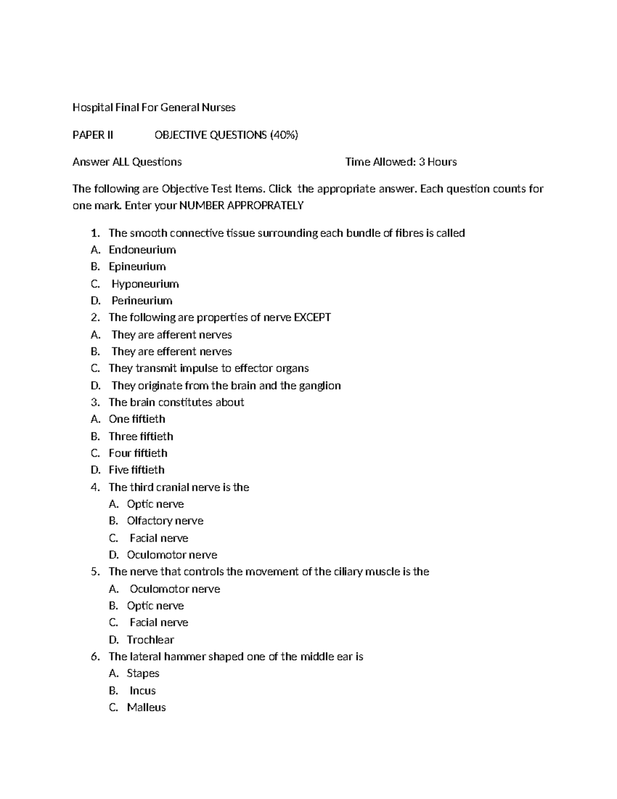 Hospital Final Exam for General Nurses: Objective Questions Paper II ...
