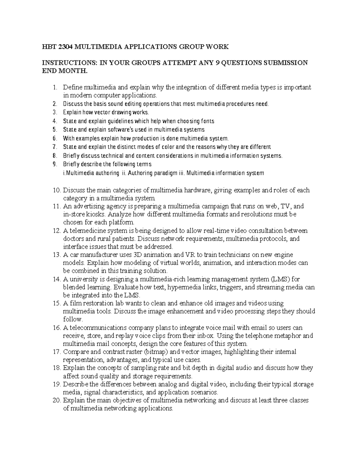 HBT 2304 Multimedia Applications Group Work Guidelines and Questions ...