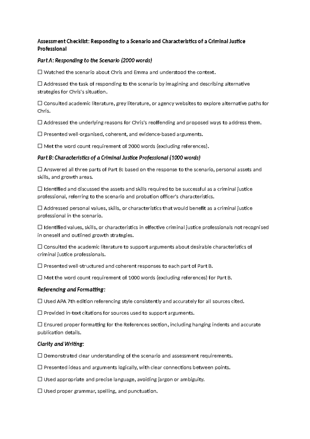 Assessment 3 Checklist: Criminal Justice Professional Scenario Analysis ...