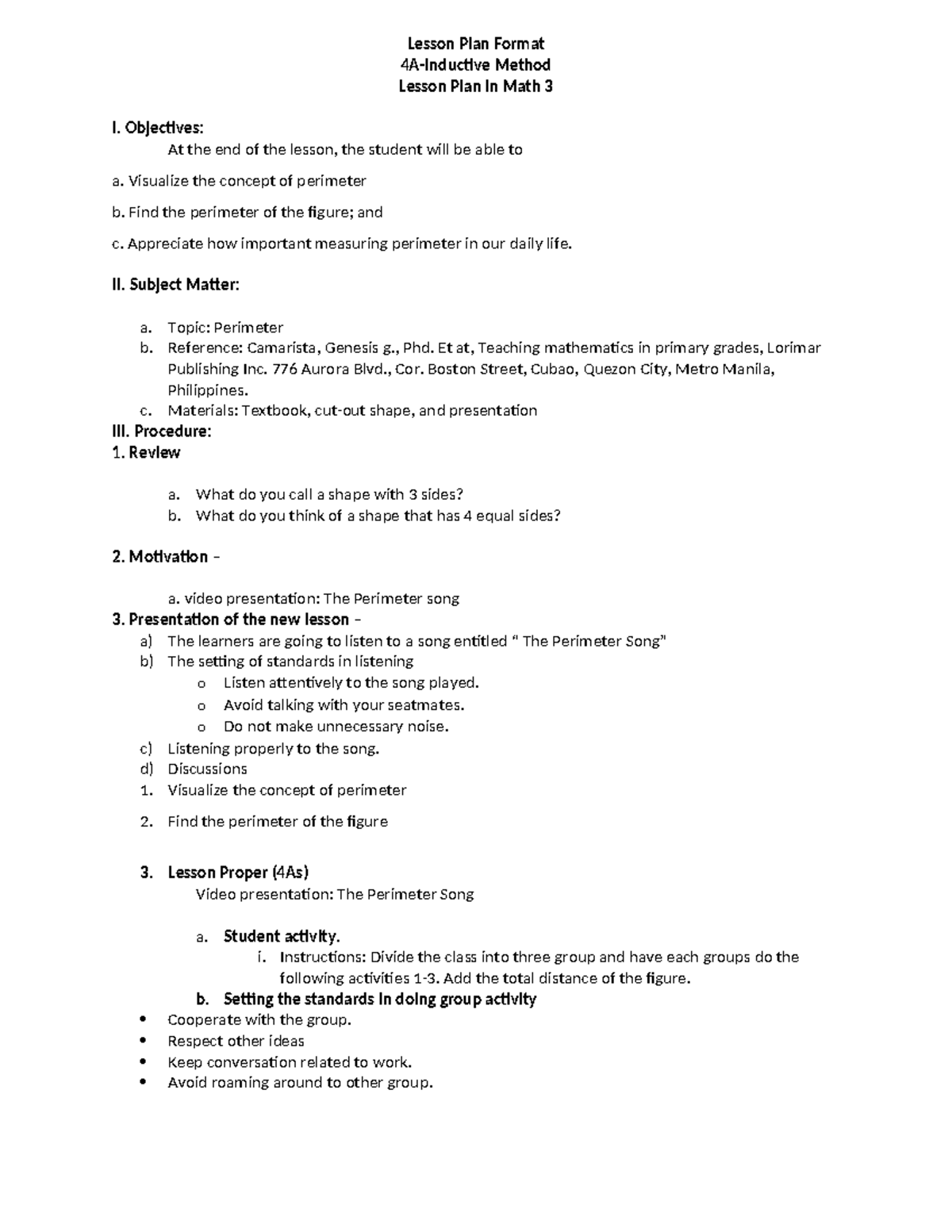 Lesson Plan for Primary Math: Understanding Perimeter (MATH 3) - Studocu