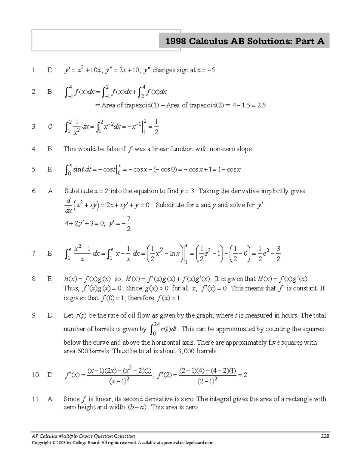 APCalc AB MC 98 Answers - Multiple Choice Solutions & Analysis - Studocu