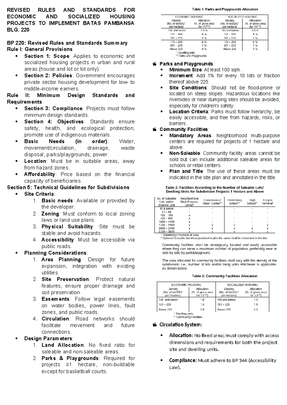 BP 220 Revised Rules & Standards Summary for Housing Projects - Studocu