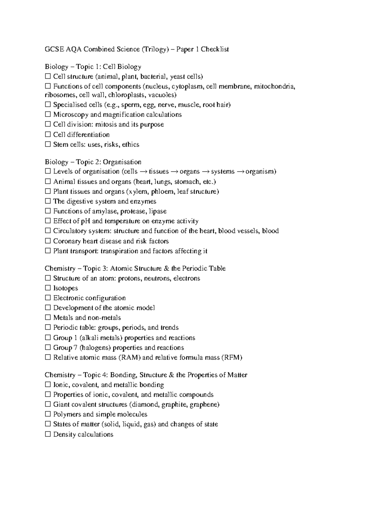 GCSE AQA Combined Science Paper 1 Checklist: Biology & Chemistry Topics ...