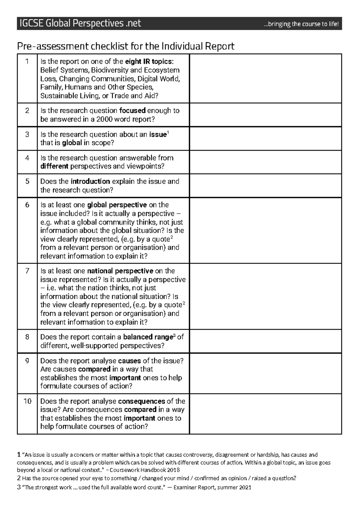 IR Pre-assessment Checklist for Individual Report 1 - Studocu