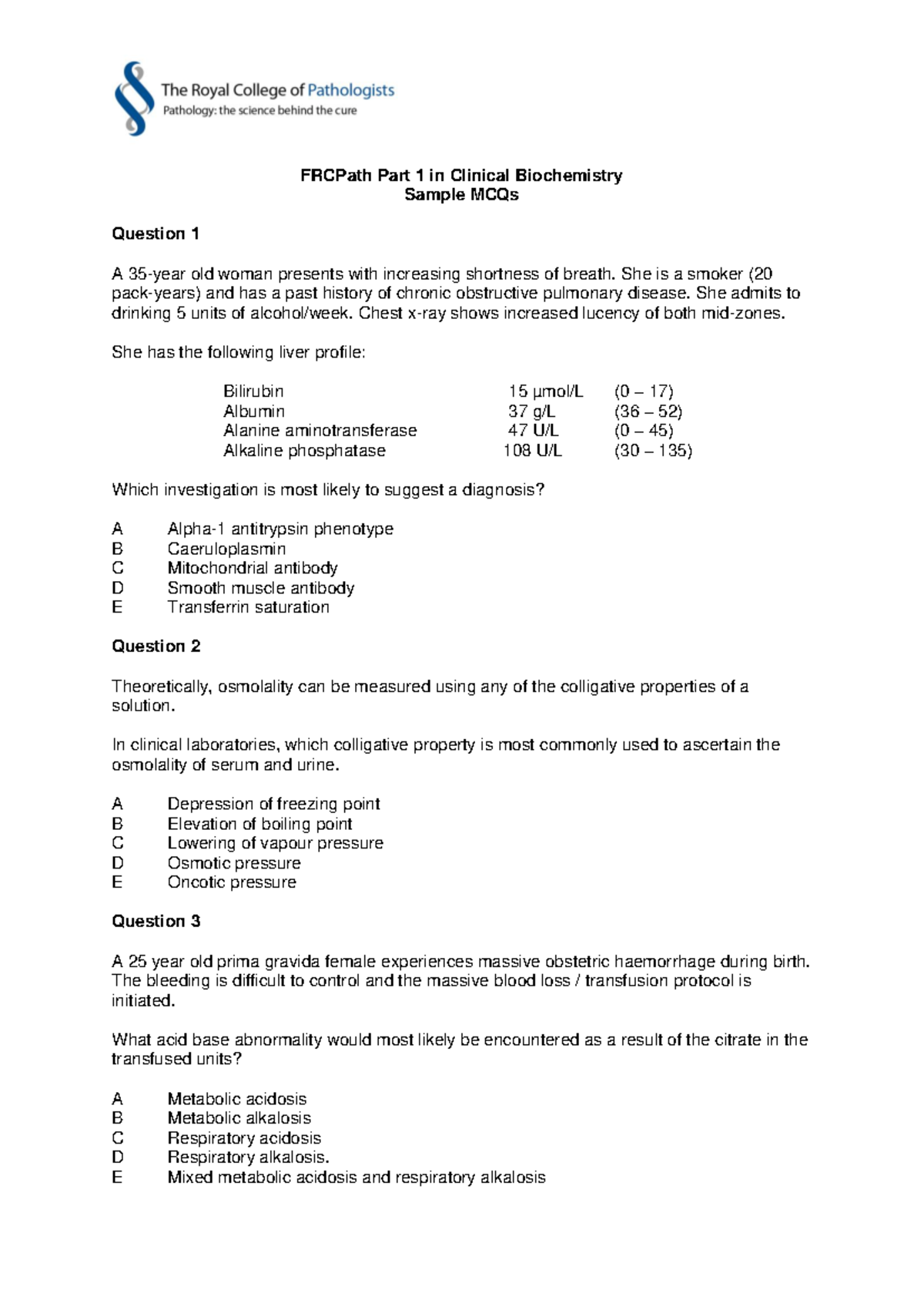 FRCPath Part 1 Clinical Biochemistry Sample MCQs - Studocu