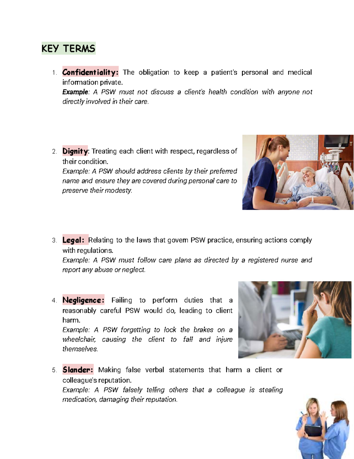 KEY Terms - Study Material for PSW (Personal Support Worker) - Studocu