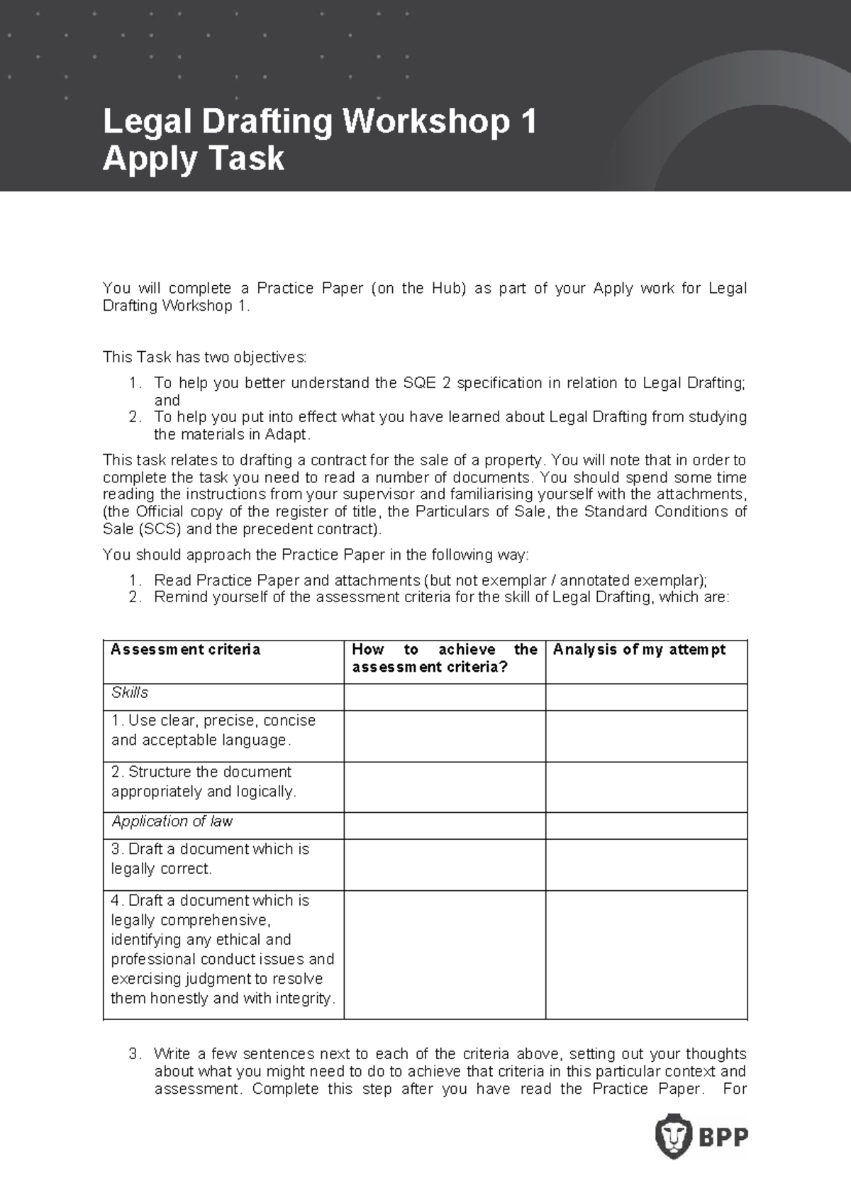 SQE2 Legal Drafting Workshop 1: Apply Task Practice Paper Guide - Studocu