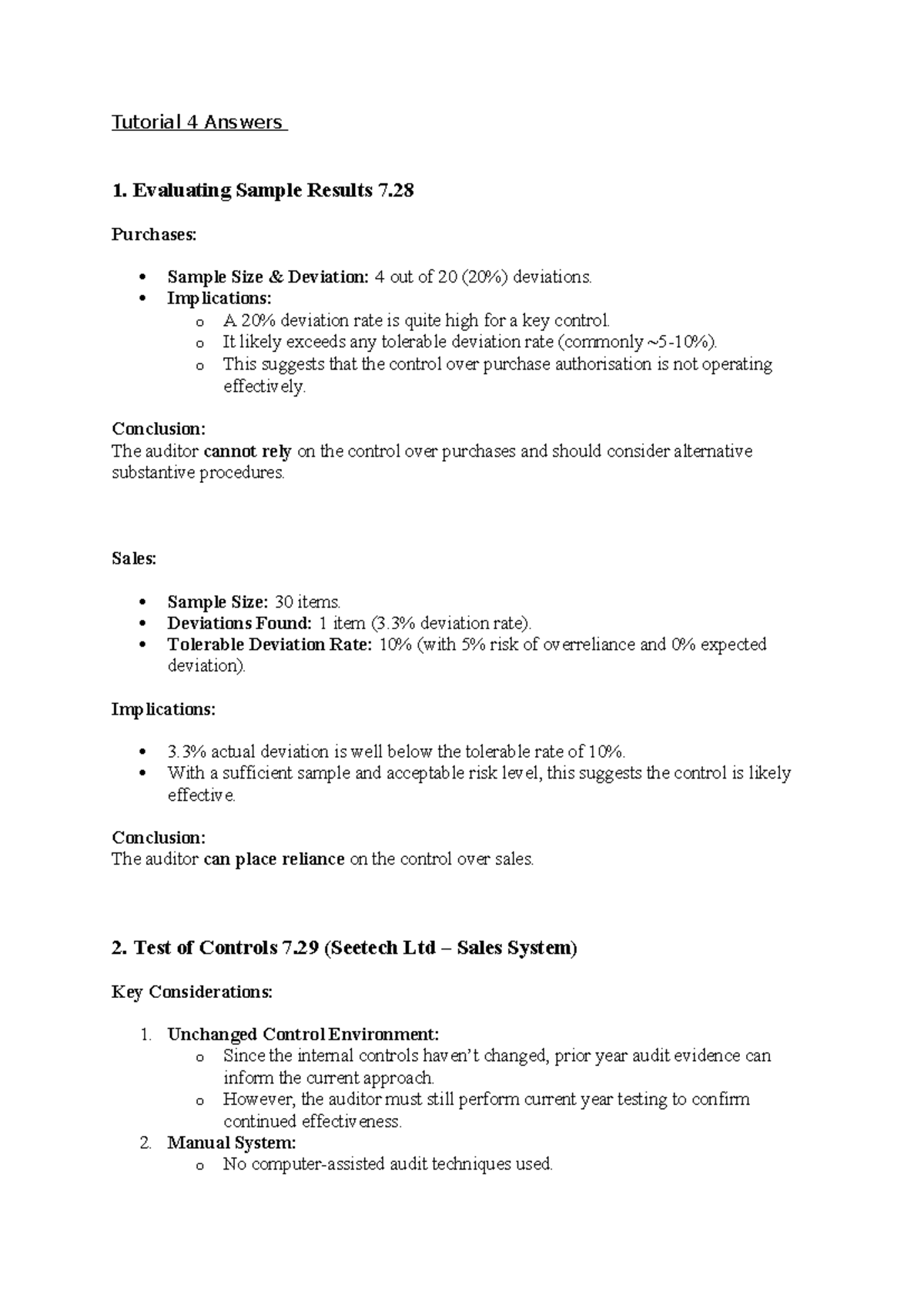 Tutorial 4 Answers: Evaluating Sample Results & Test of Controls - Studocu