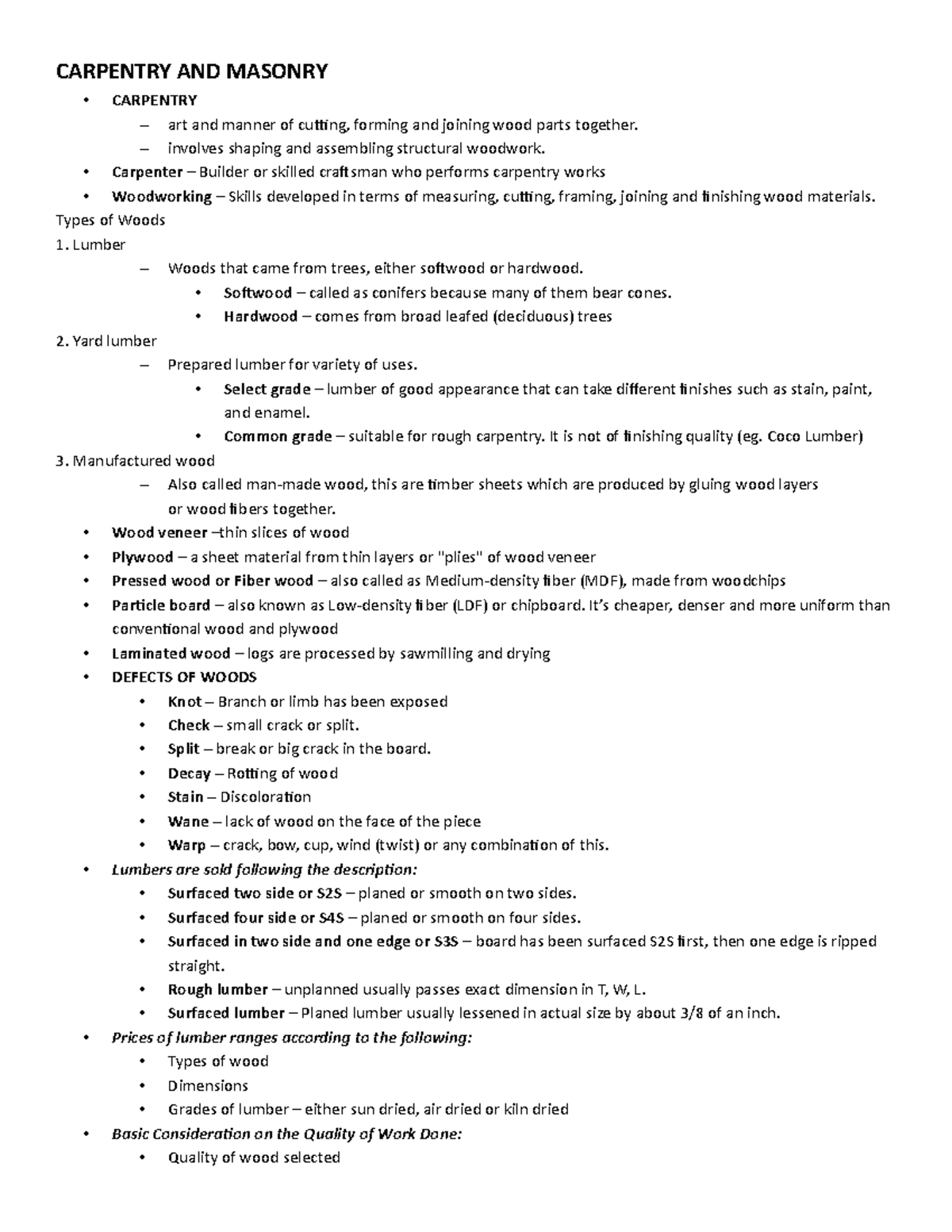 TLE- Notes - CARPENTRY AND MASONRY • CARPENTRY art and manner of ...