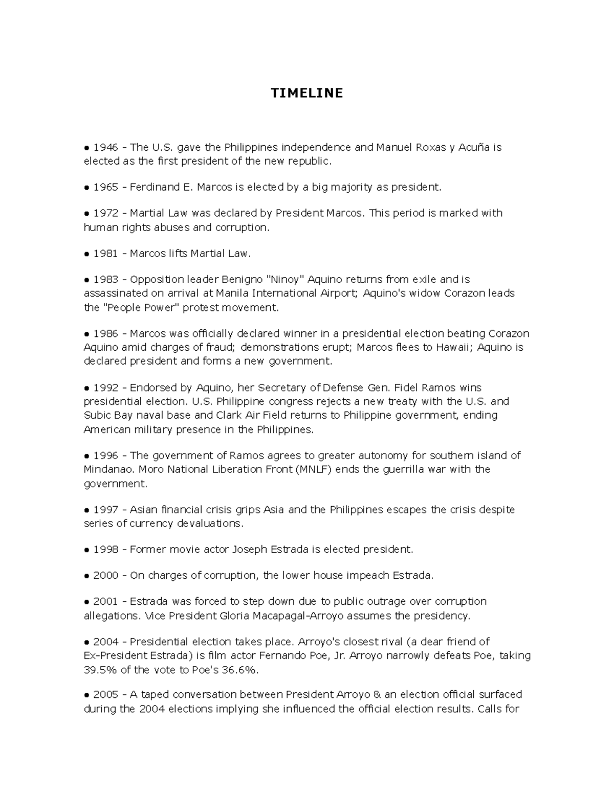 Post-War Timeline in the Philippines: Key Events from 1946-2022 - Studocu