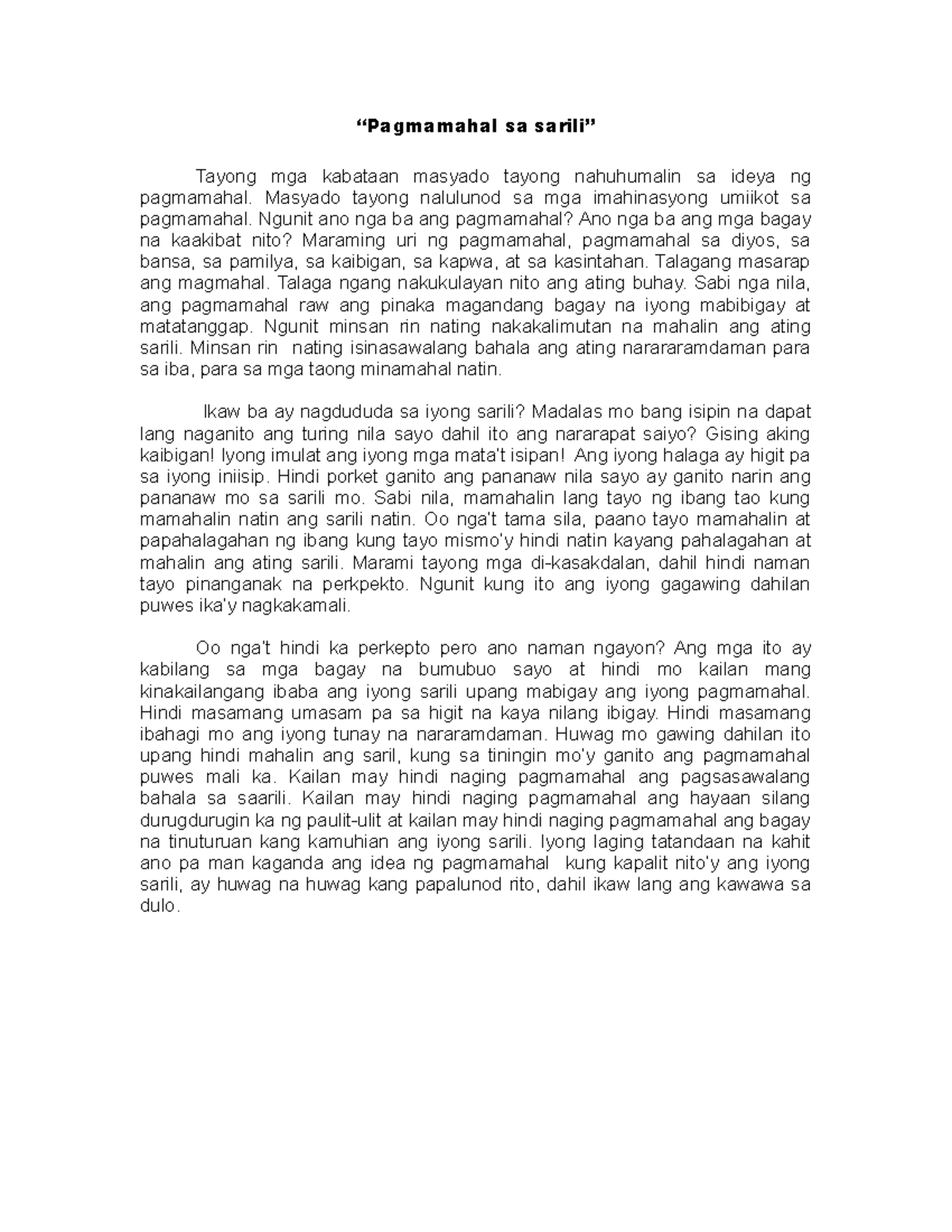 Talumpati - “Pagmamahal sa sarili” Tayong mga kabataan masyado tayong ...