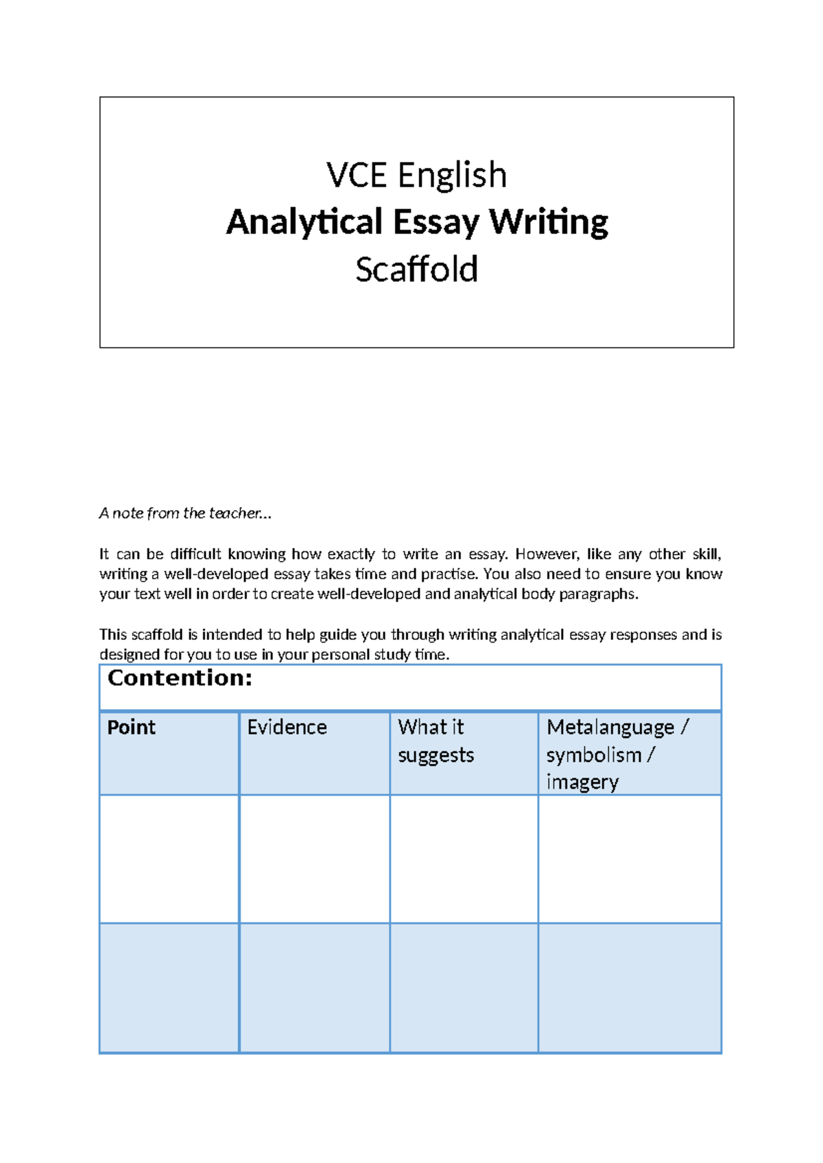 VCE English Analytical Essay Writing Scaffold: Full TEEAL Guide - Studocu