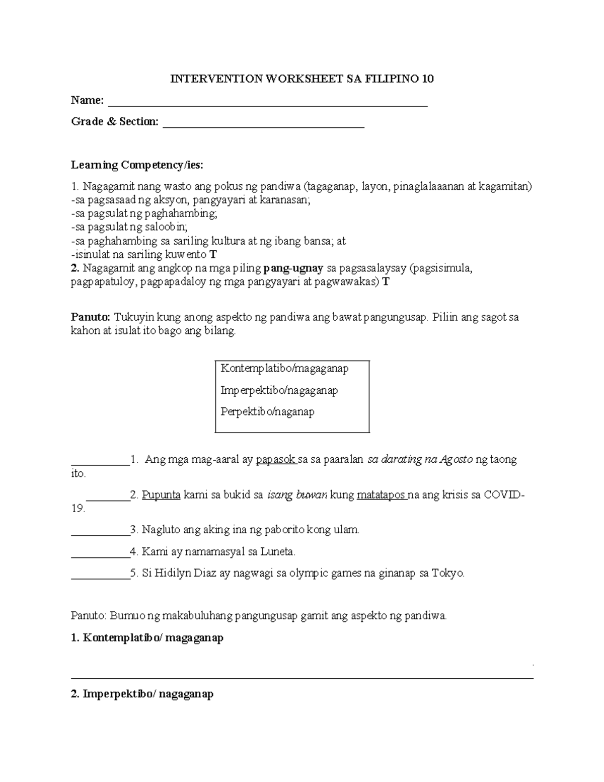 Worksheet sa Pandiwa para sa Filipino 10: Interbensyon at Pagsasanay ...