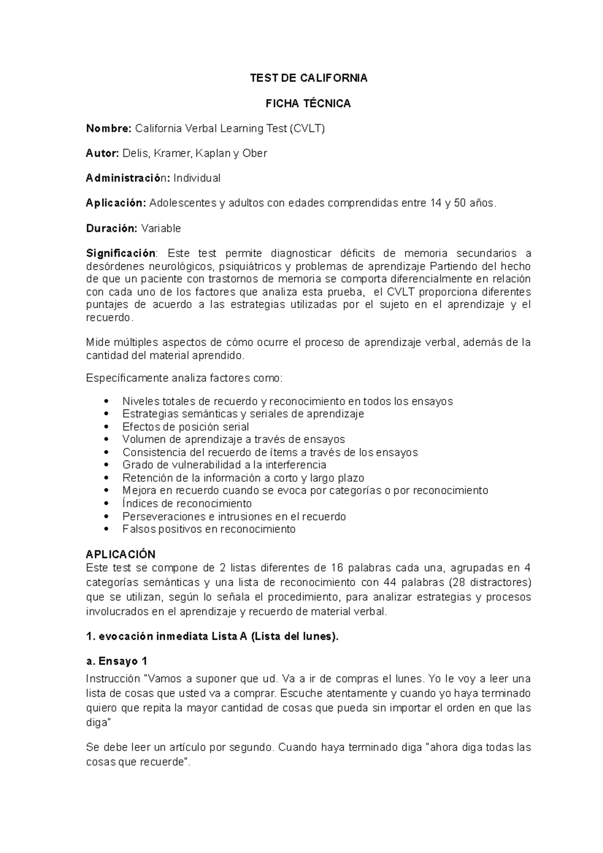 Test de Aprendizaje Verbal CVLT: Evaluación y Aplicación en ...