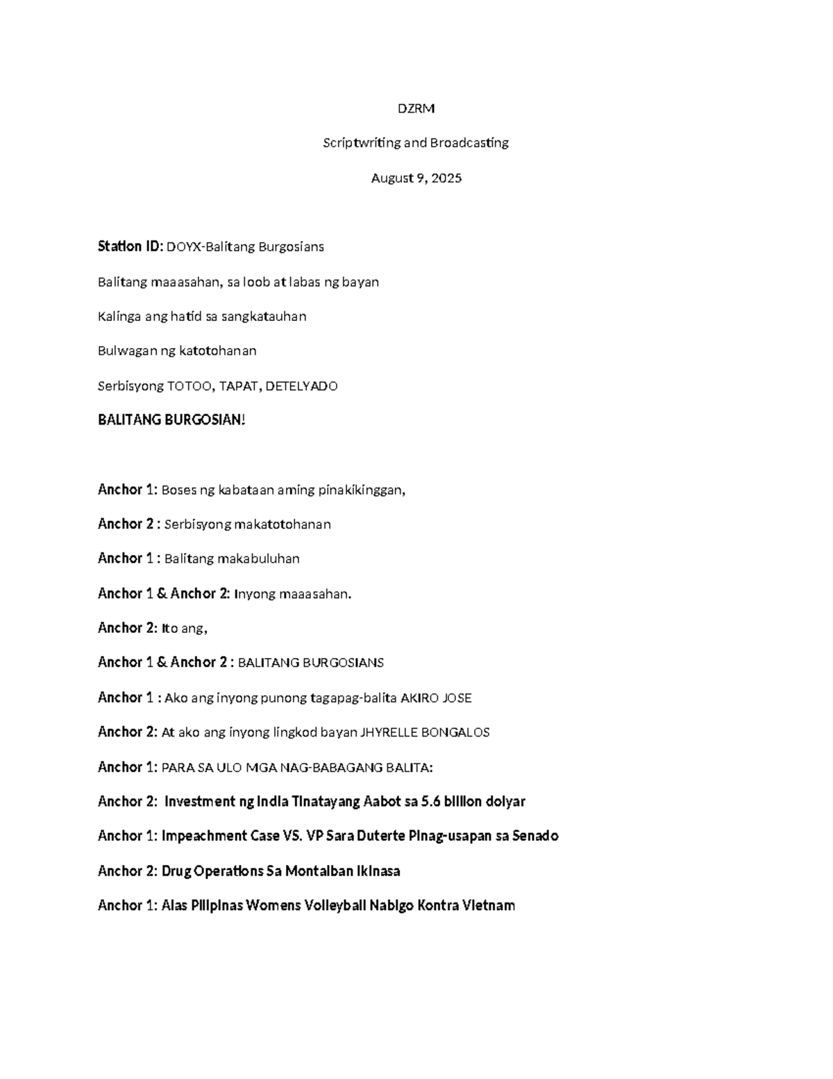 DZRM Filipino Radio Broadcasting Script - Balitang Burgosian (Aug 9 ...