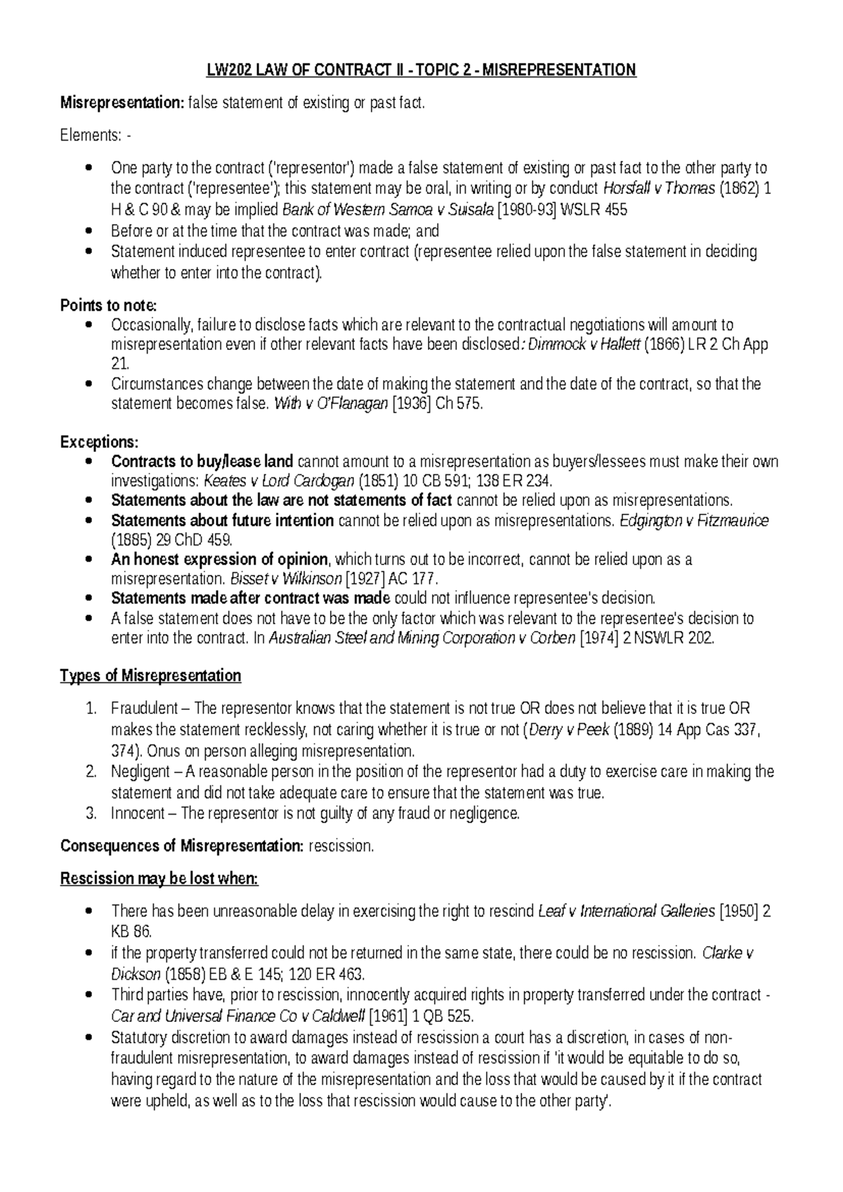 LW202 Law of Contract II - Topic 2: Understanding Misrepresentation ...