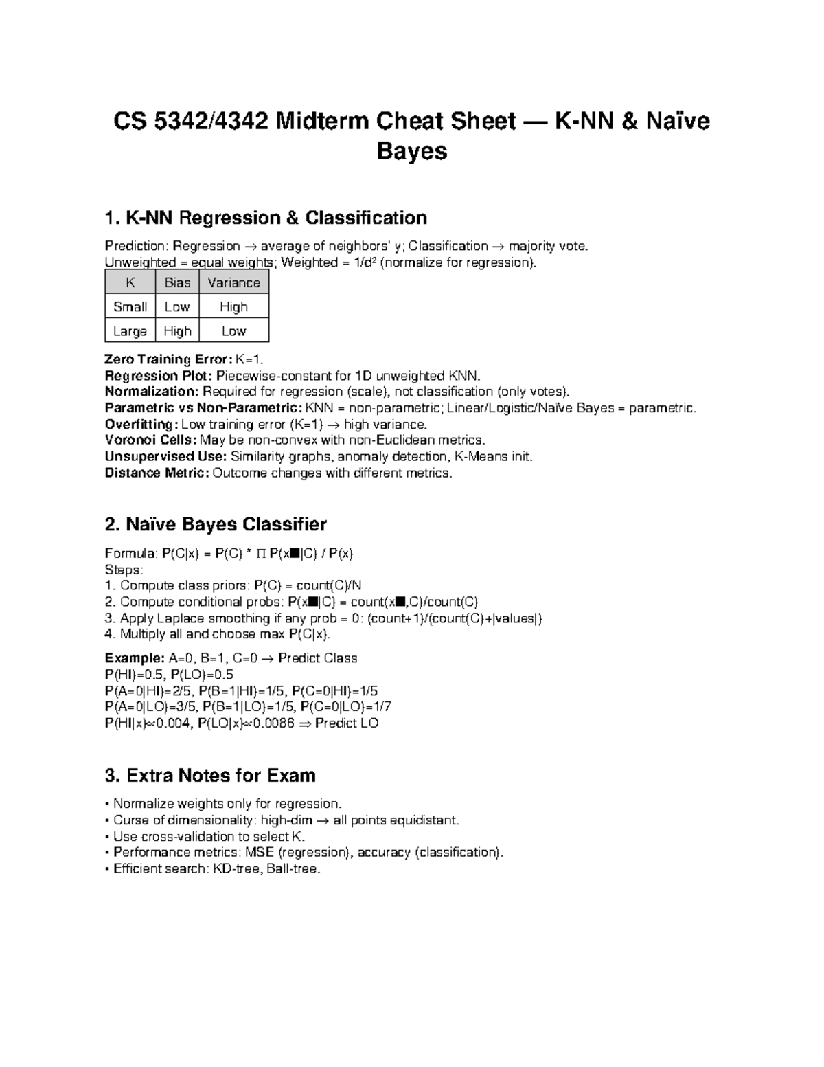 CS Midterm Cheat Sheet: KNN & Naïve Bayes Overview - Studocu