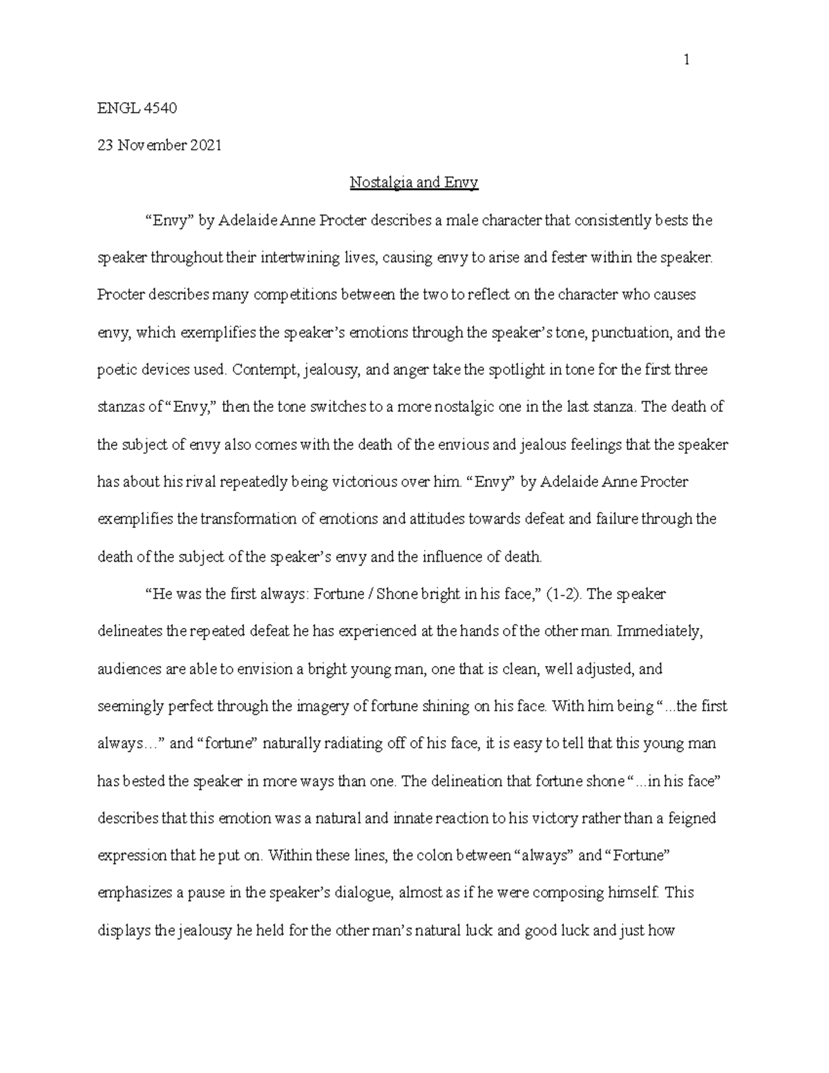 ENGL 4540 Poetry Explication: Analyzing "Envy" by Adelaide Anne Procter ...