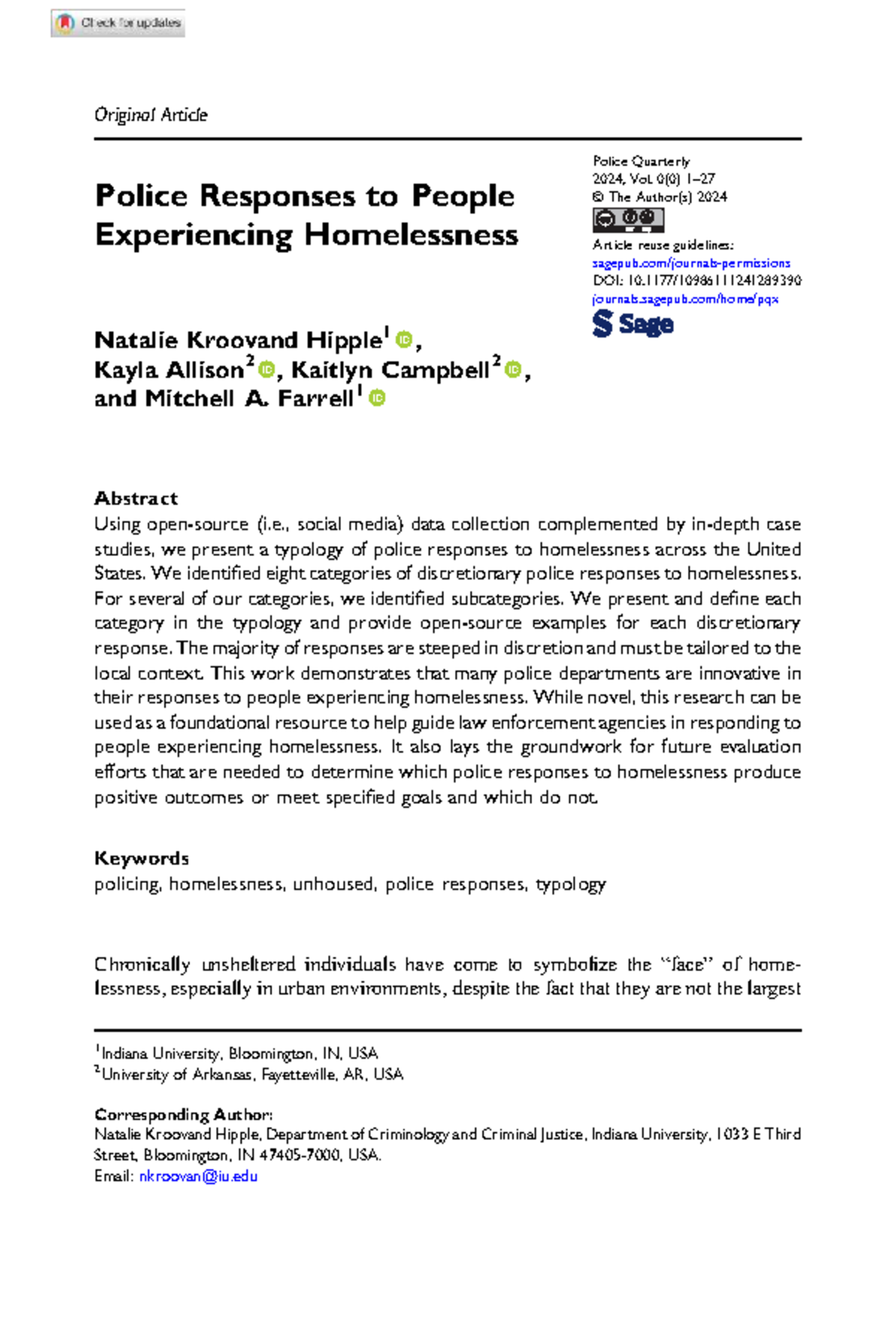 Police Responses to Homelessness: A Typology and Best Practices ...