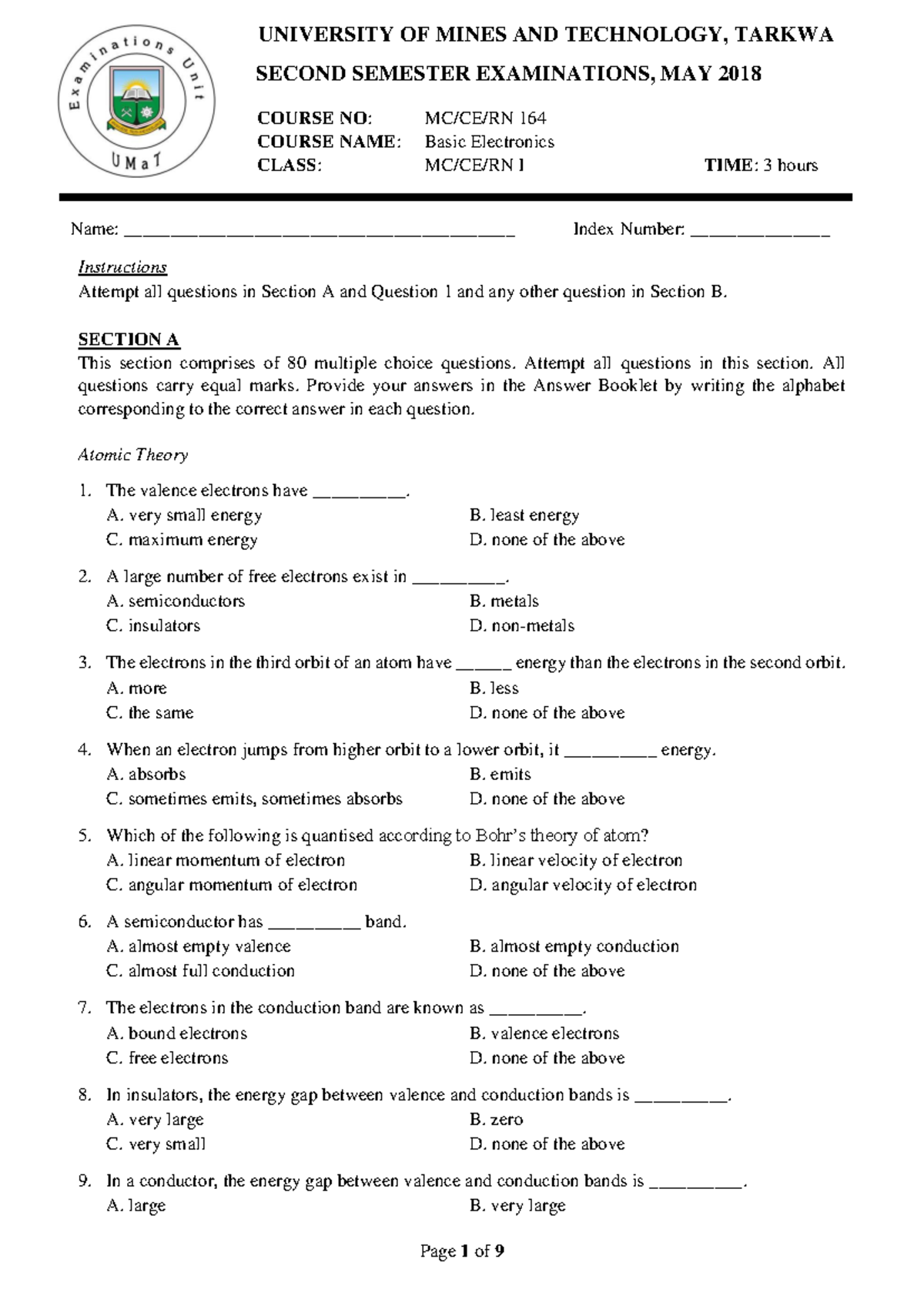 Basic Electronics MC/CE/RN 164 - 2nd Semester Exam May 2018 - Studocu