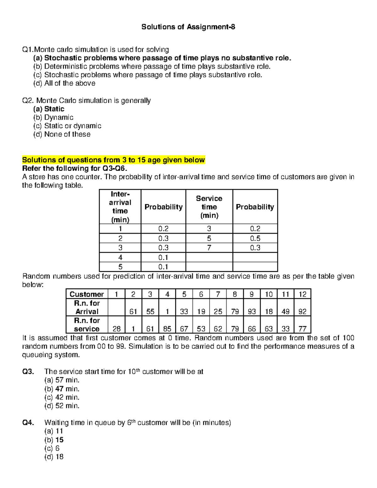 Week 8 Assignment Solutions: Monte Carlo Simulation & Queueing Analysis - Studocu