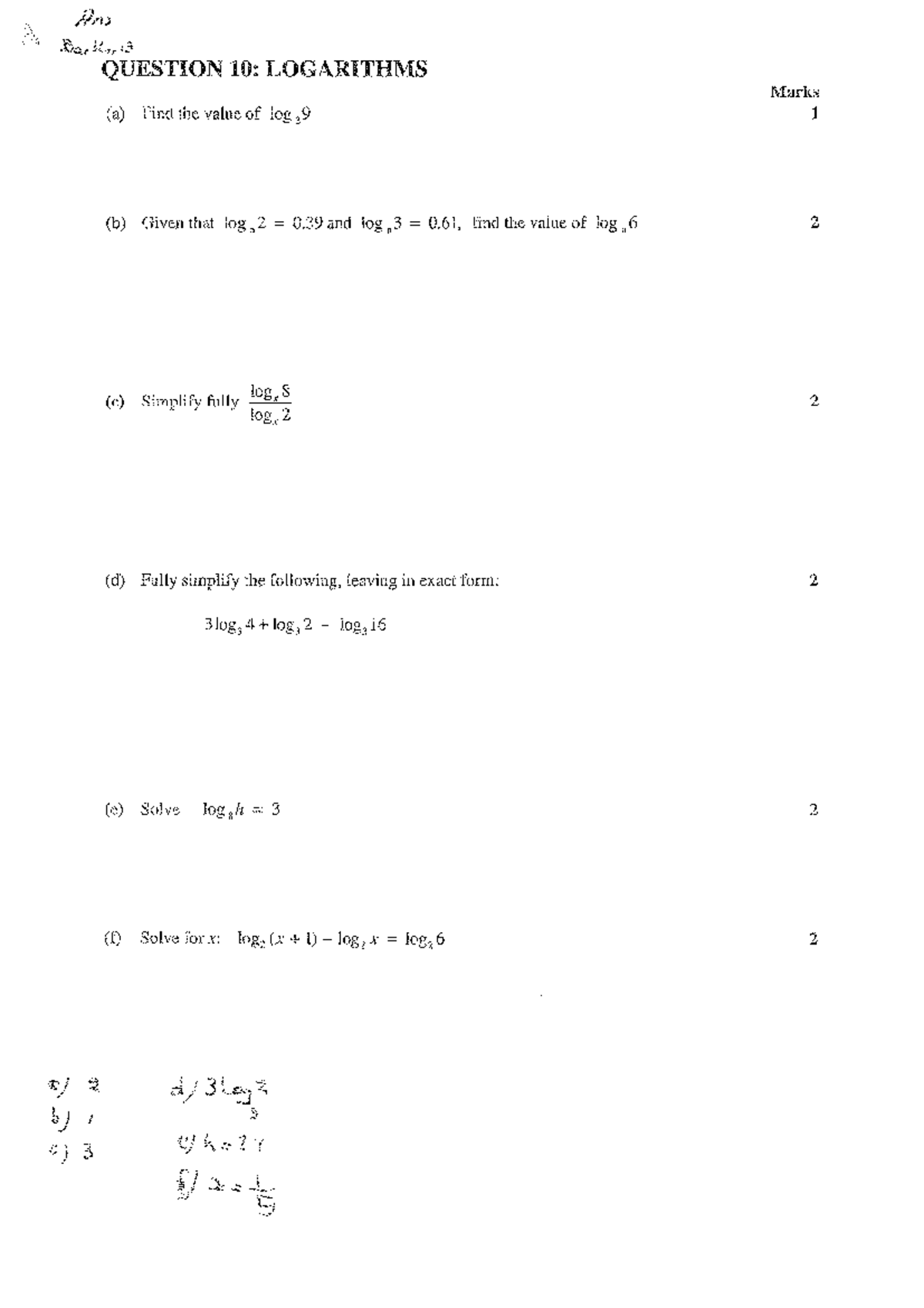 Logs 006 - Year 11 Logarithms Test Questions - Studocu