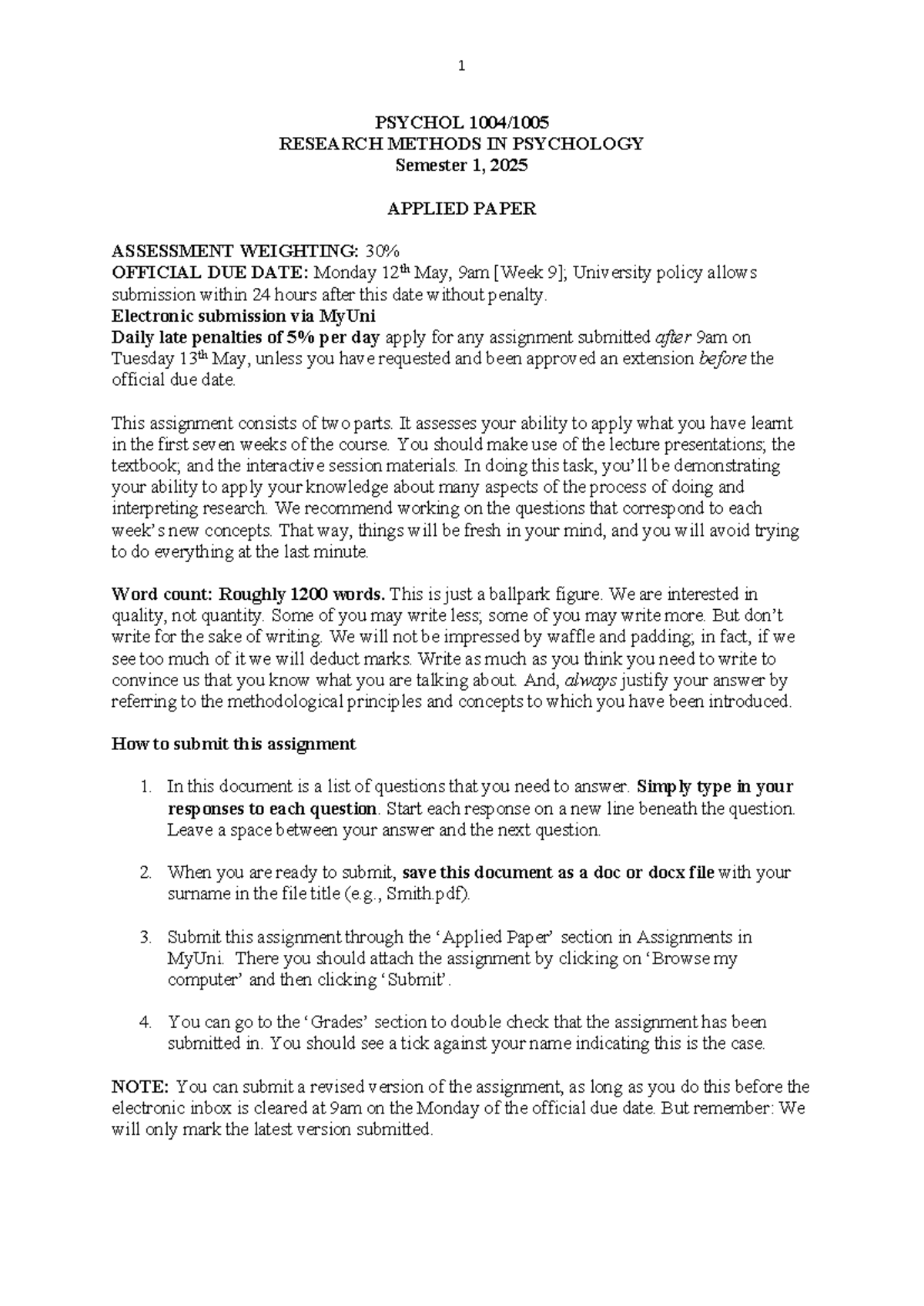 Rm2025 Applied Paper: Research Methods in Psychology Assessment - Studocu