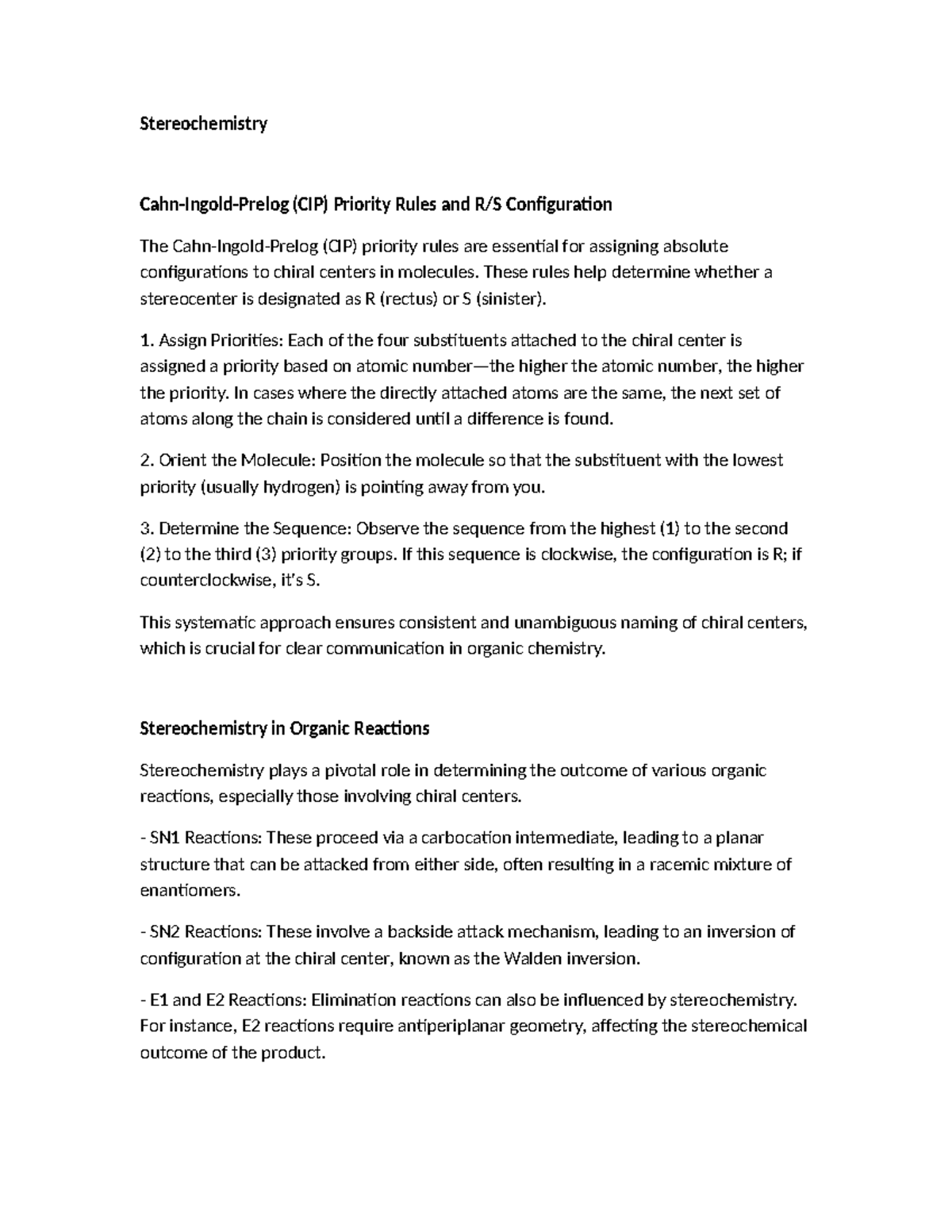Stereochemistry (CIP) Priority Rules & Organic Reactions Overview - Studocu