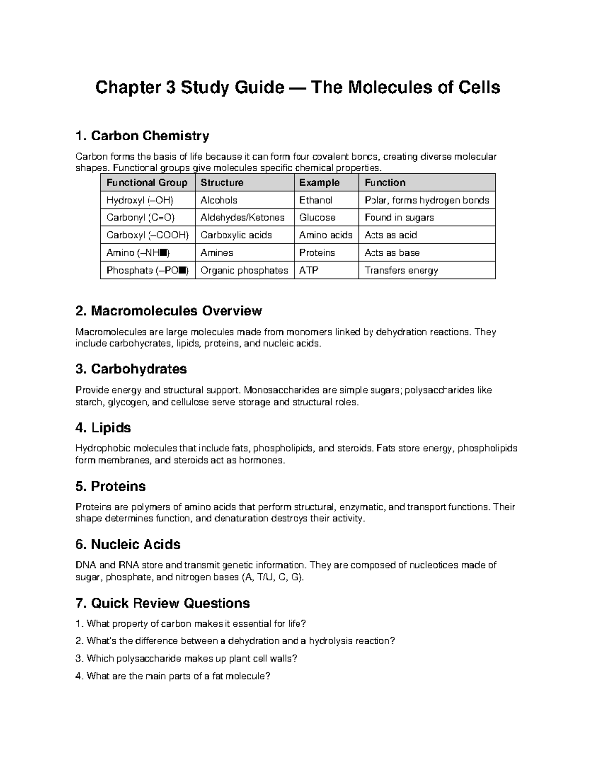 Campbell Biology CH 3 Study Guide: Molecules of Cells Overview - Studocu
