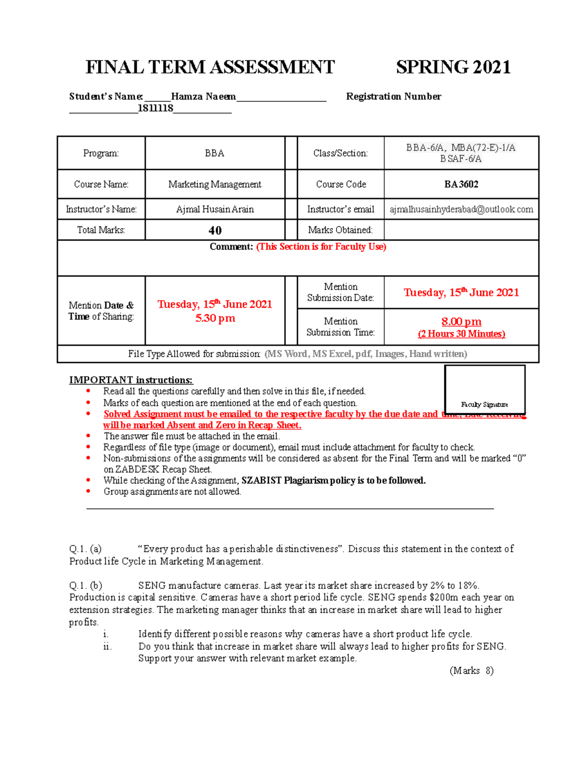 Ajmal 79 3634 1 Marketing Management Assignment Based FT hamza 1811118 - FINAL TERM ASSESSMENT ...