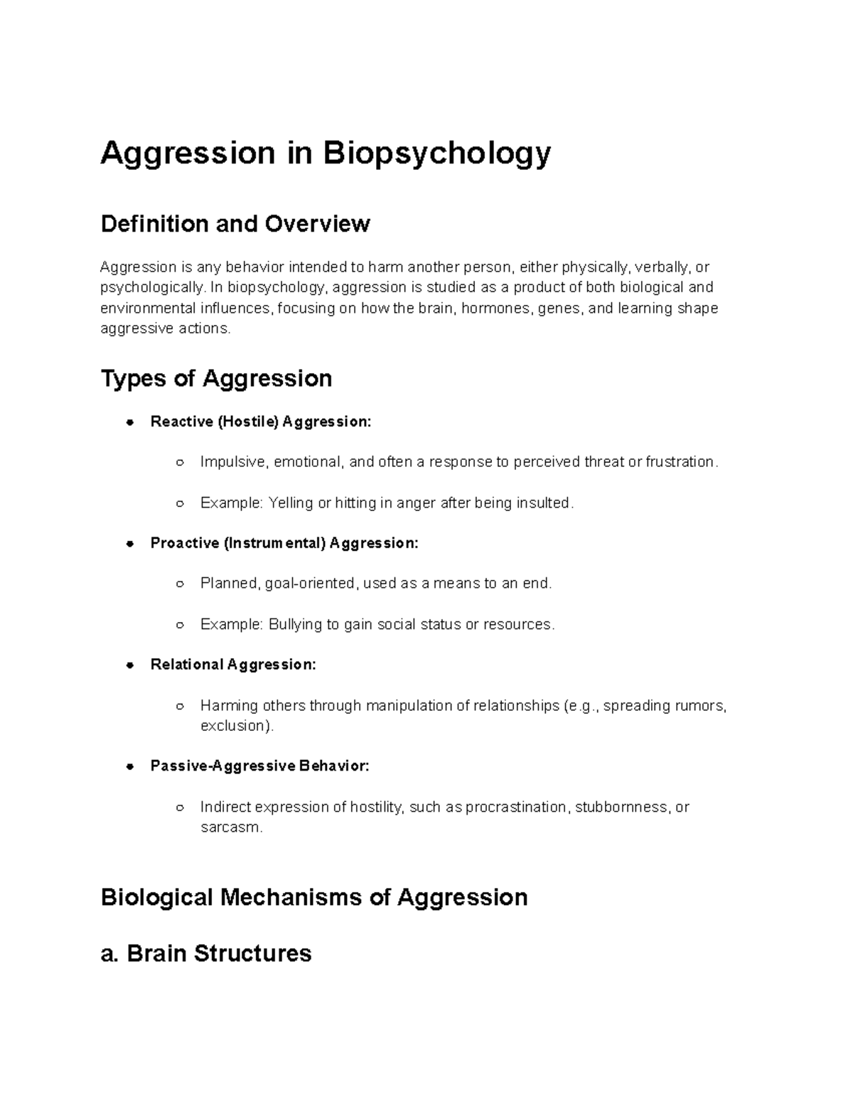 Aggression in Biopsychology: Definition, Mechanisms, and Types - Studocu