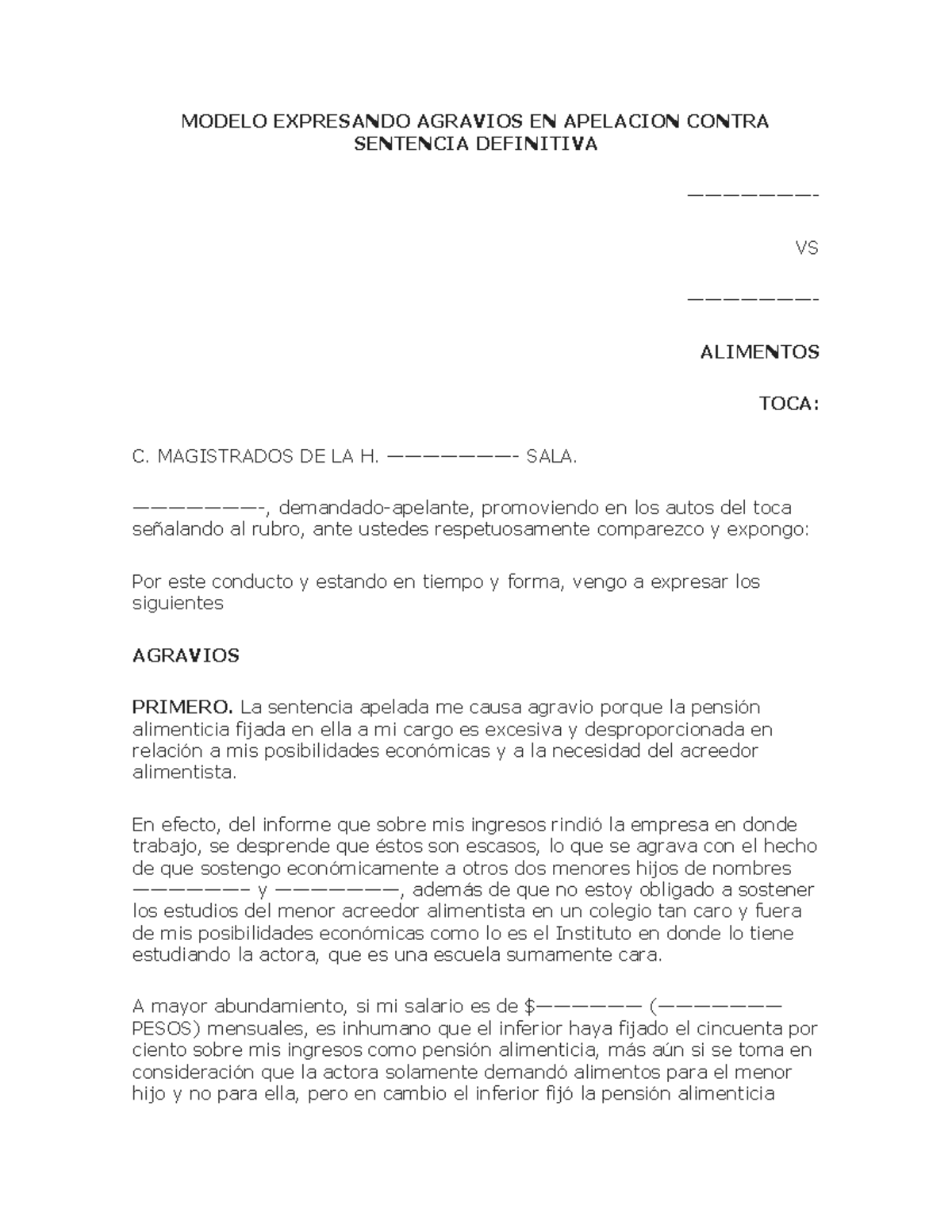 Modelo Expresando Agravios EN Apelacion Contra Sentencia Definitiva - Derecho procesal civil I ...
