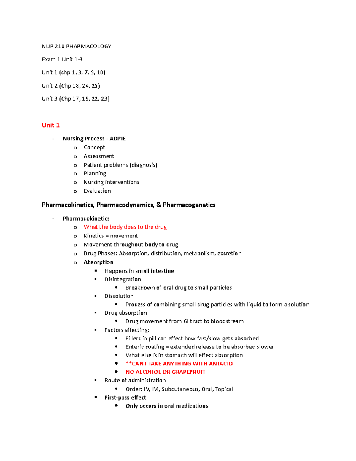NUR 210 Pharmacology Exam 1 Study Notes - Comprehensive Guide - Studocu