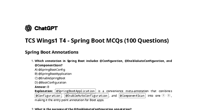 TCS Wings1 T4 Spring Boot MCQs: 100 Questions & Answers - Studocu