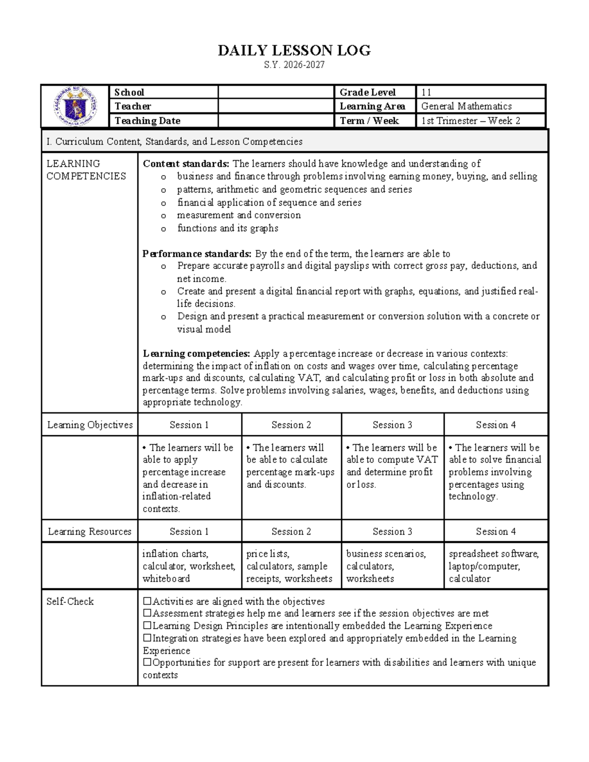DLL GM 1TW2 - Daily Lesson Log: Understanding Inflation & Financial ...