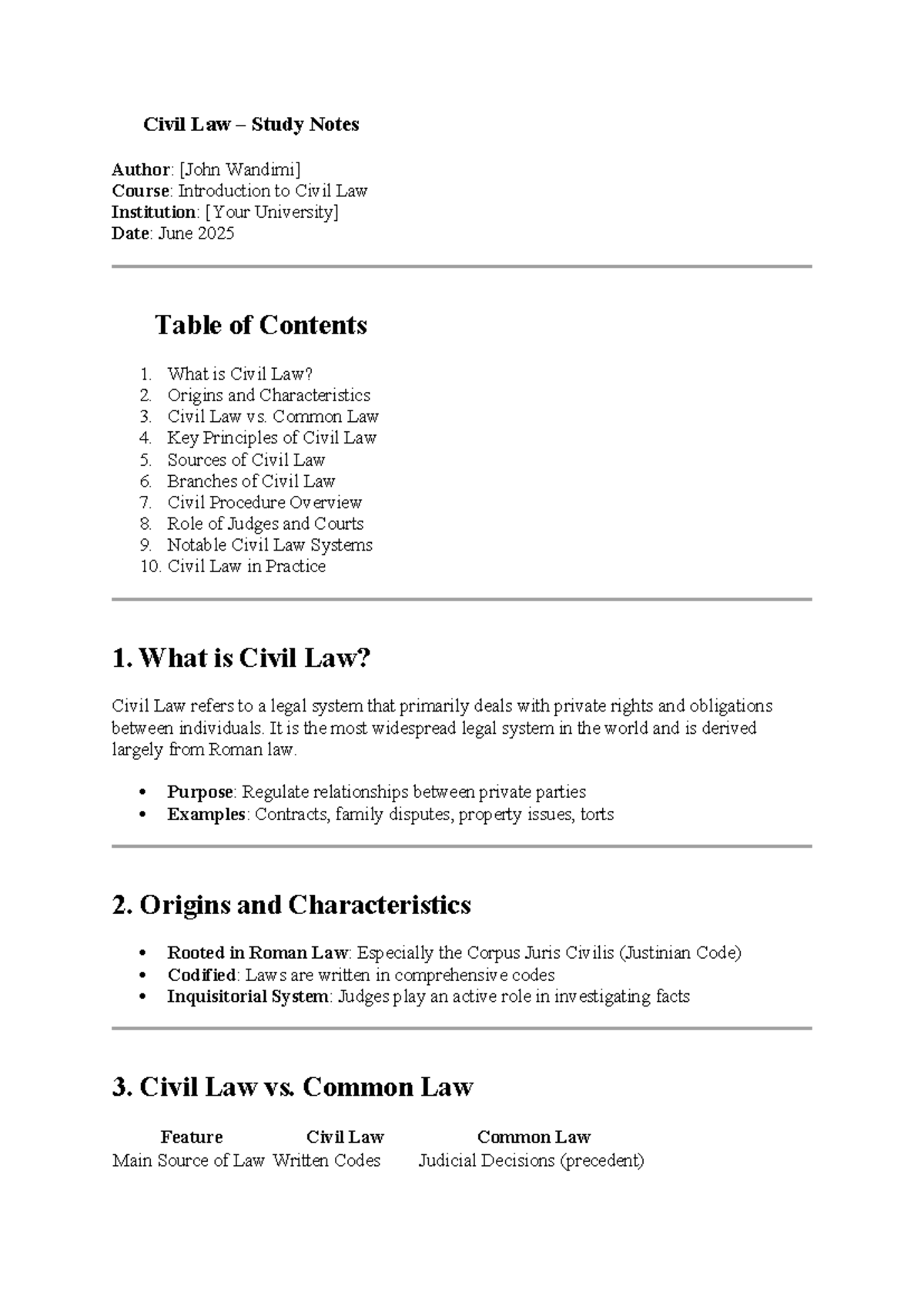 Introduction to Civil Law Study Notes (CIV 101) - June 2025 - Studocu