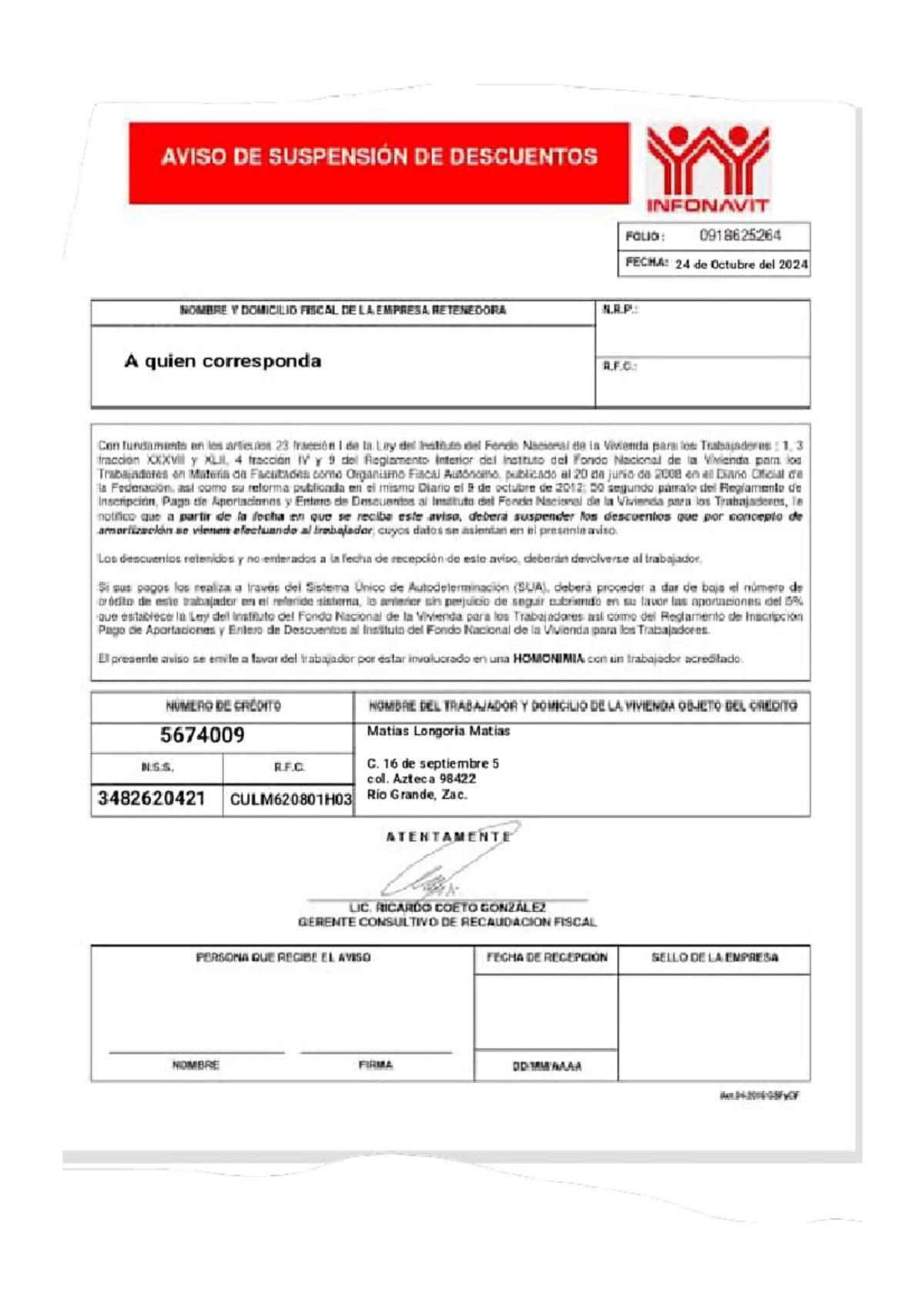 Infonavit - Hsnsm - AVISO DE SUSPENSIÓN DE DESCUENTOS INFONAVIT FOLIO ...