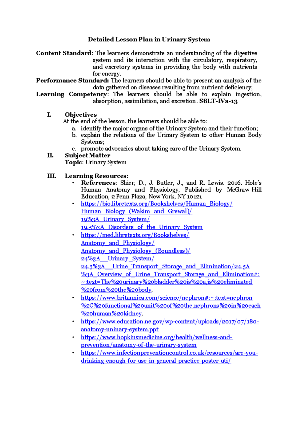 BSED SCIENCE III: Comprehensive Lesson Plan on the Urinary System - Studocu
