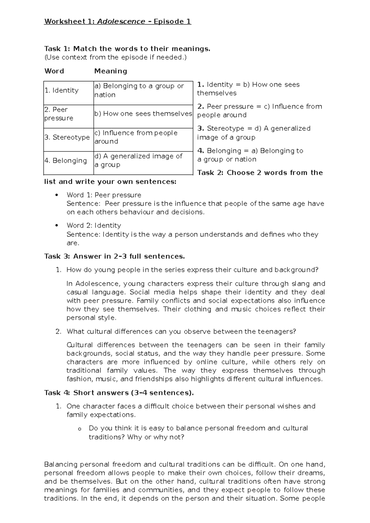 Adolescence 1: Worksheet on Identity, Peer Pressure, and Culture - Studocu
